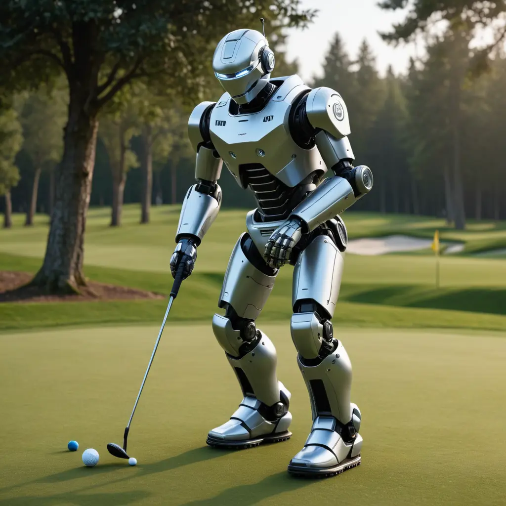 a robot playing golf, ultra - Gulf Picasso | بيكاسو الخليج